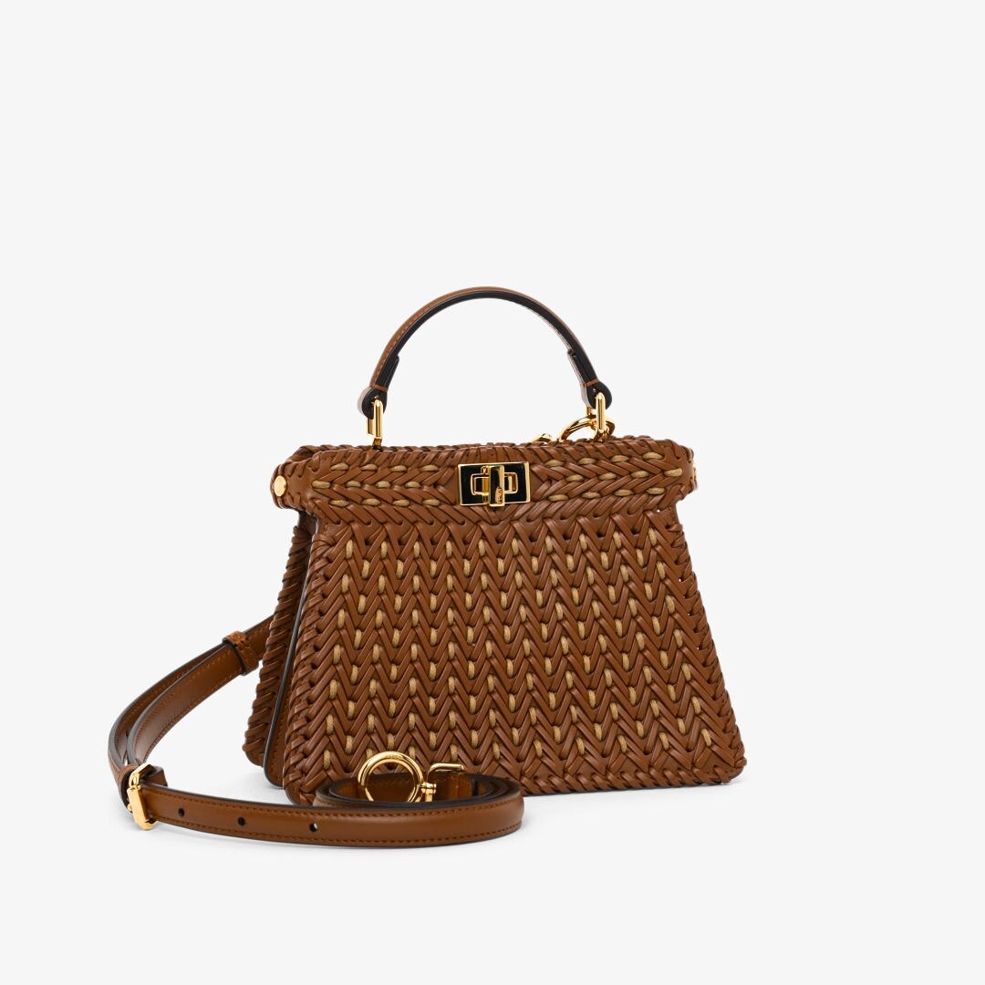 Peekaboo ISeeU Petite - Brown interlaced leather bag with Selleria waxed thread | Fendi