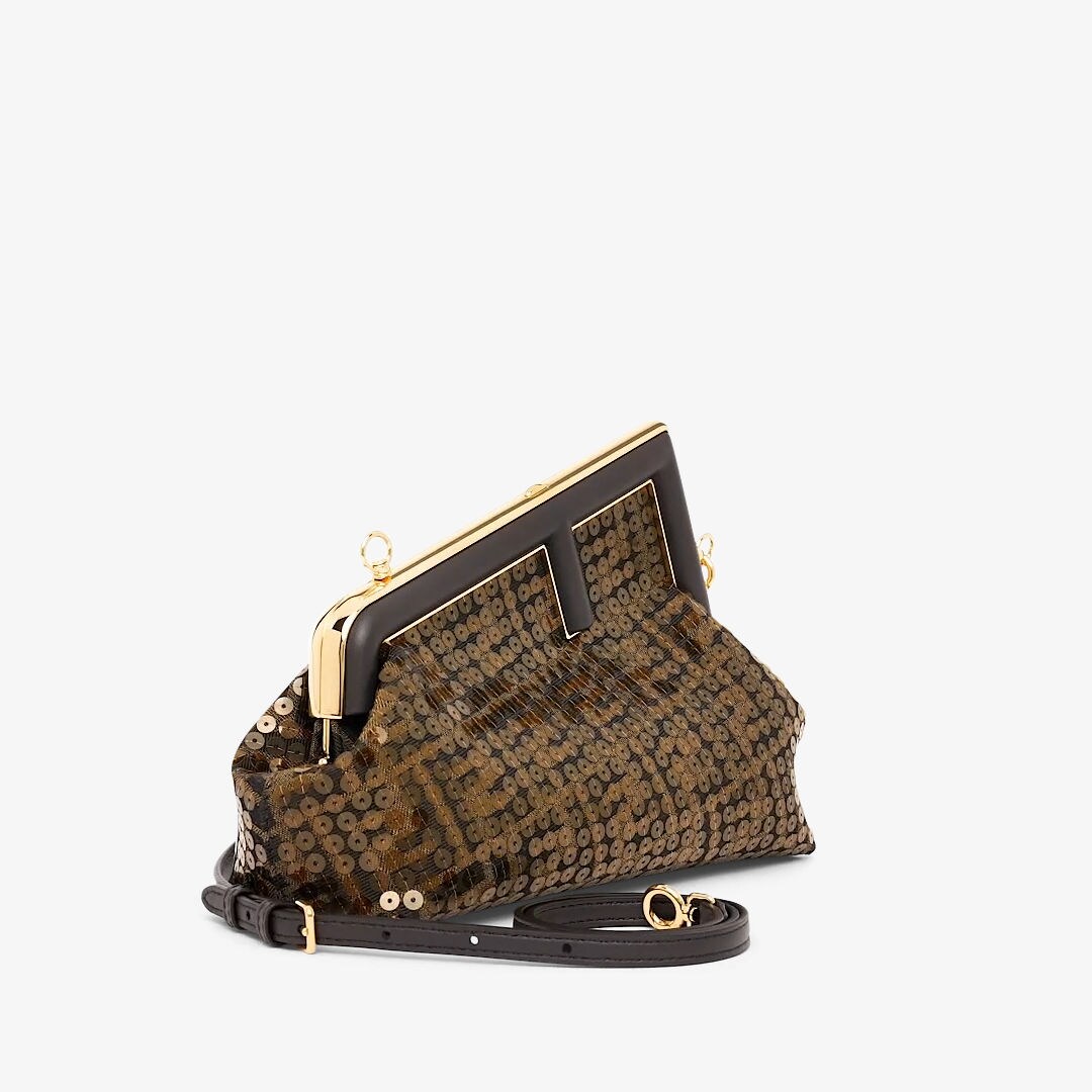 Fendi First Small - Bolso de tejido con motivo FF en jacquard marrón ...