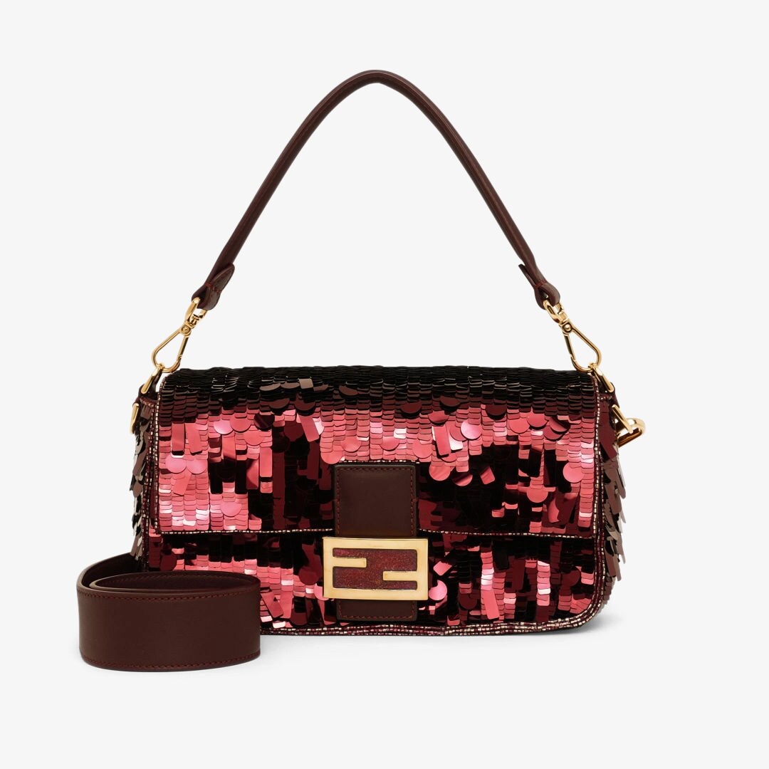 Baguette - Bolso de piel y lentejuelas burdeos | Fendi