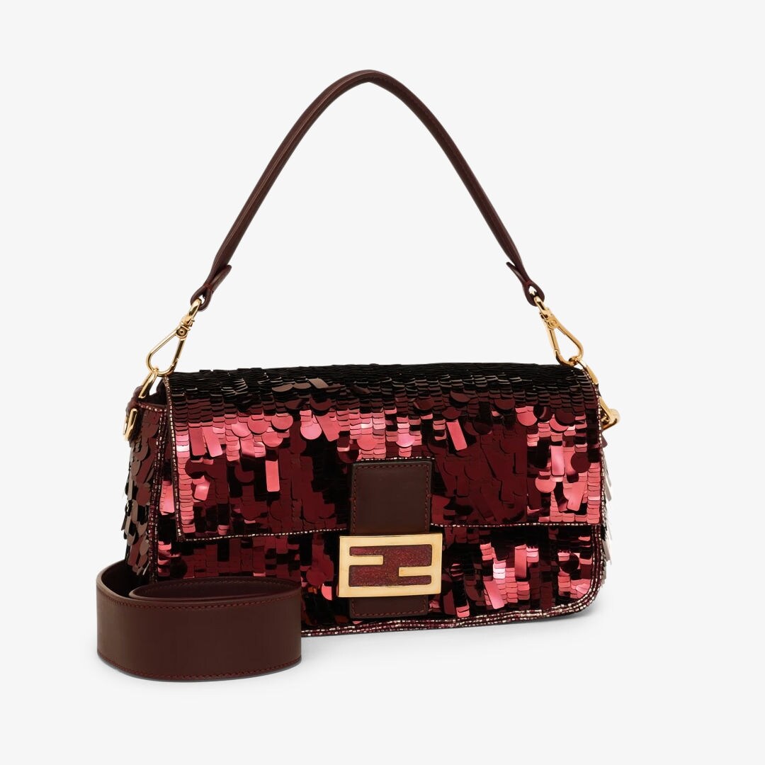 Baguette - Bolso de piel y lentejuelas burdeos | Fendi