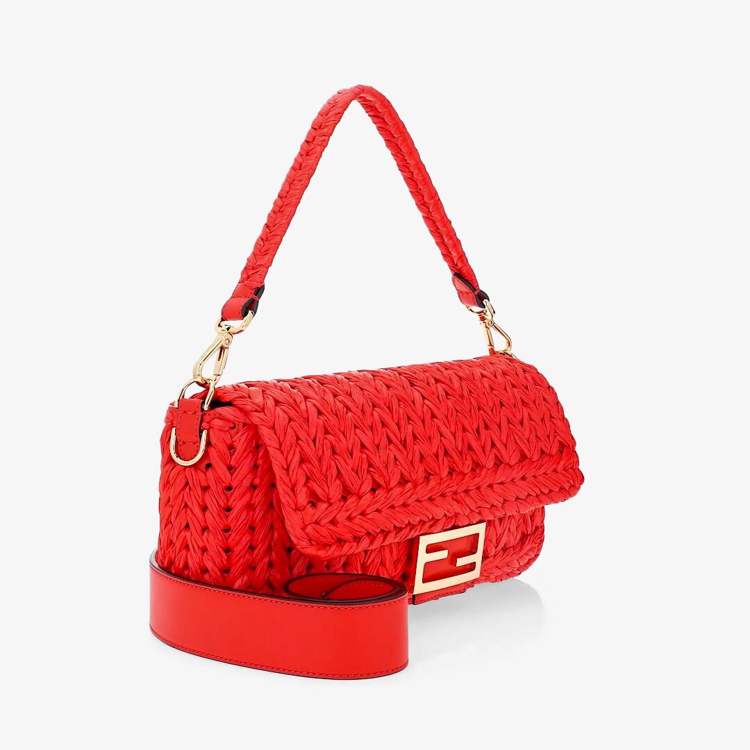 Baguette - Bolso de piel y rafia trenzada roja | Fendi