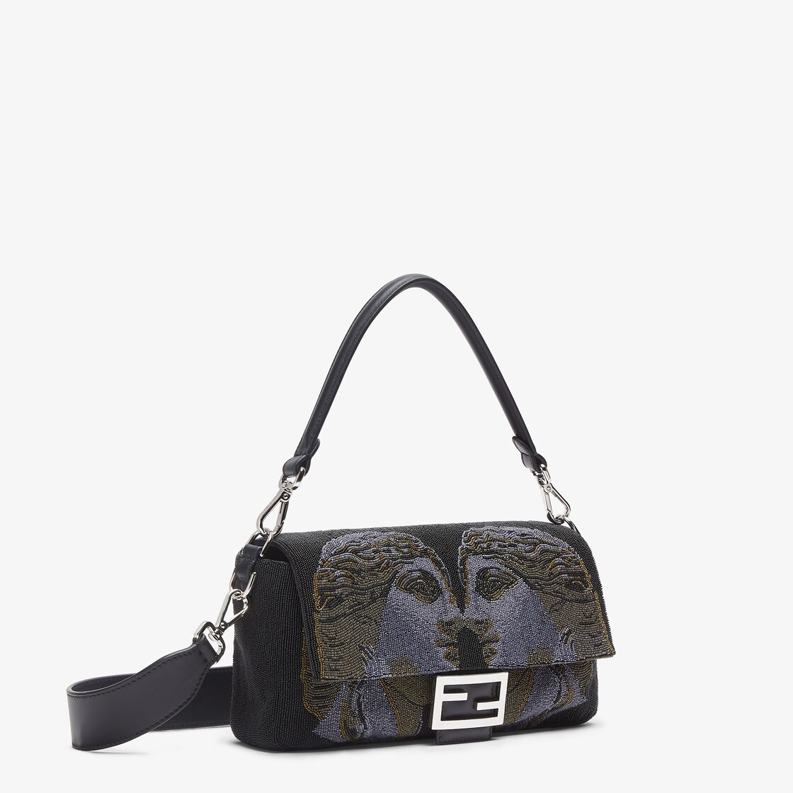 Baguette - Black embroidered bag with statue motif | Fendi