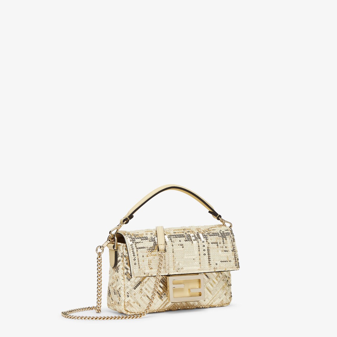 Baguette Mini - Bolso de lentejuelas champán con FF | Fendi