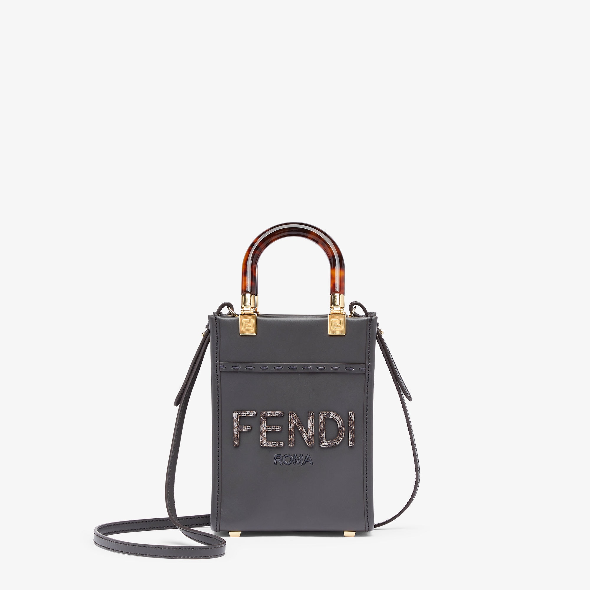 Mini Sunshine Shopper - Dark gray leather and elaphe mini-bag | Fendi